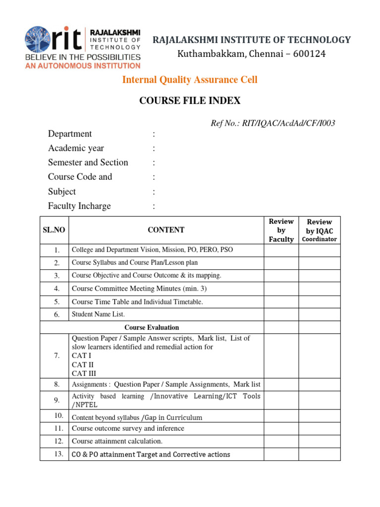 Internal Quality Assurance Cell: Course File Index | PDF | Audit | Learning