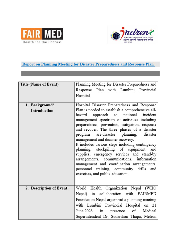 Report On Disaster Preparedness Meeting at Lumbini | PDF | Emergency Management | Emergency