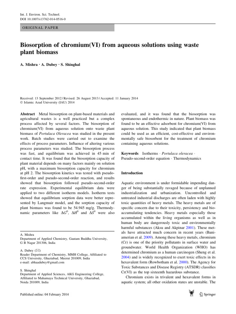 Biosorption of Chromium (VI) From Aqueous Solutions Using Waste Plant Biomass | PDF | Adsorption ...