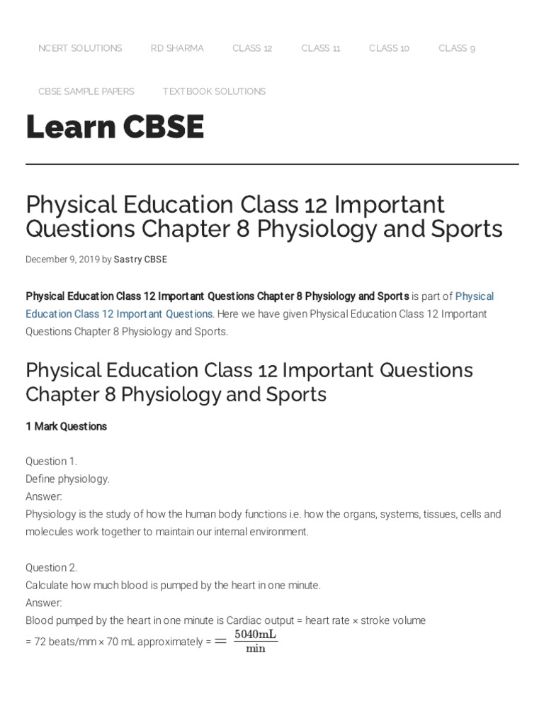 Physical Education Class 12 Important Questions Chapter 8 Physiology and Sports - Learn CBSE ...