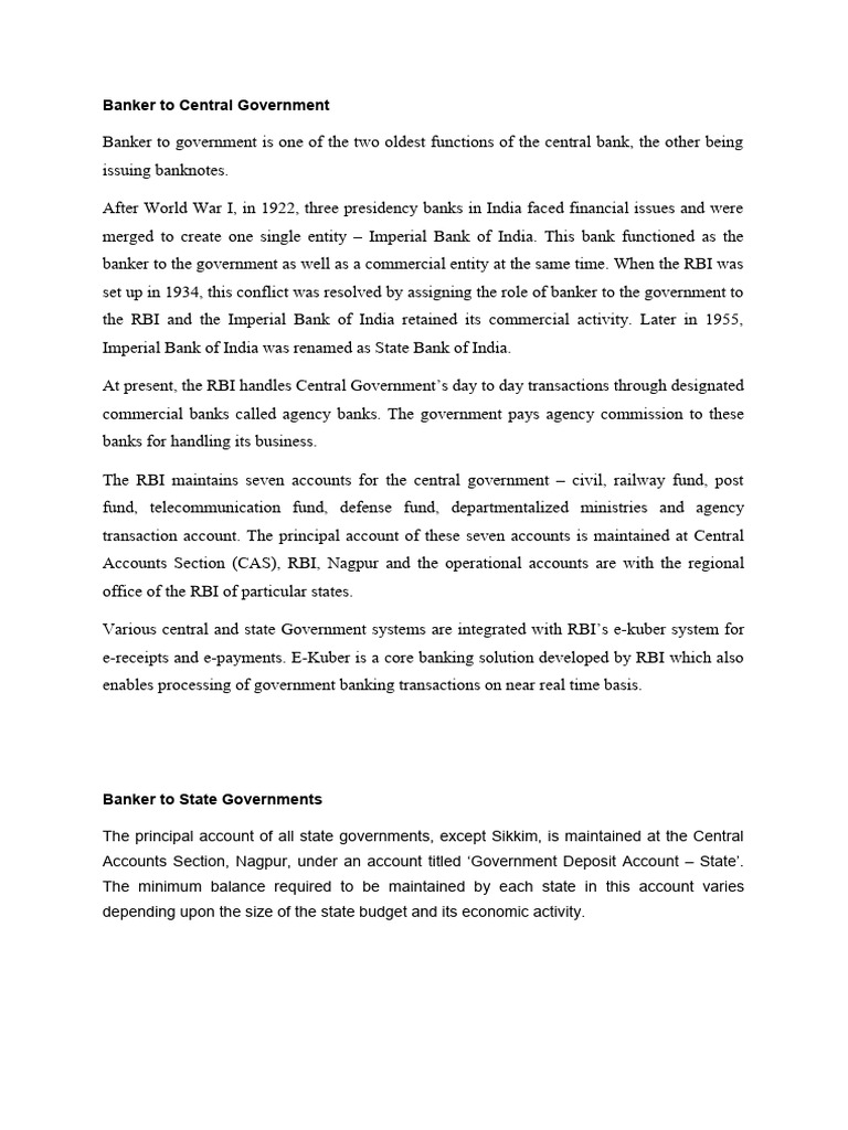 Role of RBI as Government Banker | PDF | Reserve Bank Of India | Banks