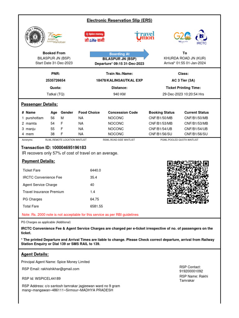 Bilaspur to Khurda Train Booking ERS | PDF | Identity Document | Ticket (Admission)