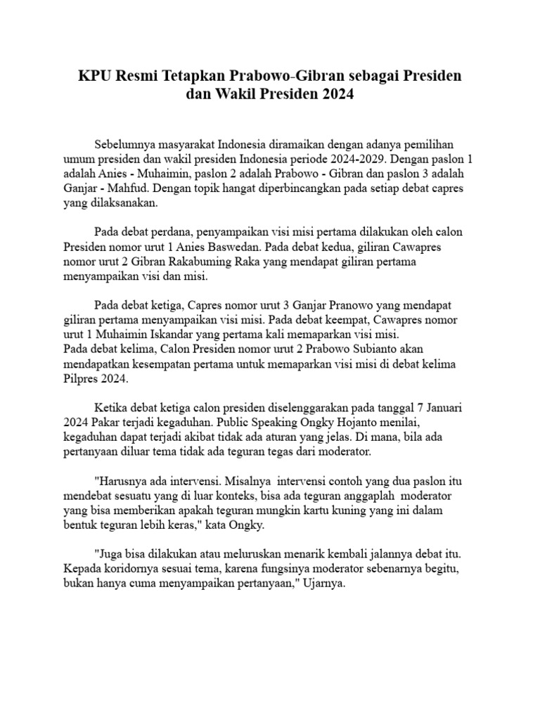 KPU Resmi Tetapkan Prabowo | PDF