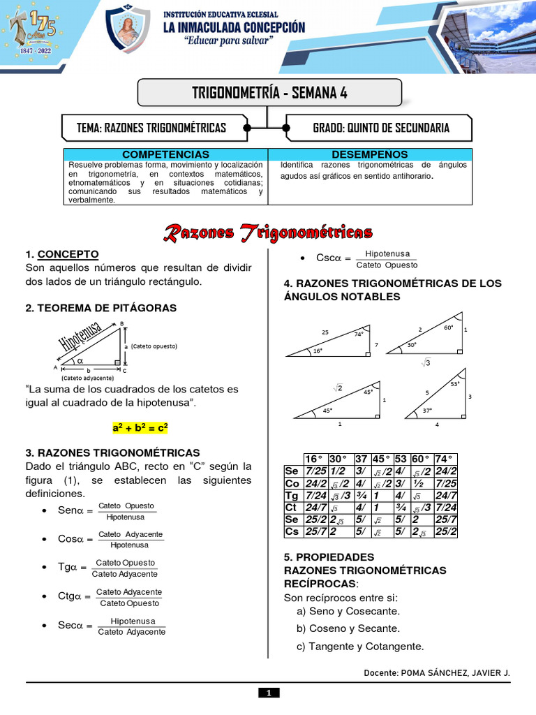 Triogonometría 5° de Secundaria Tema Razones Trigonométricas | PDF ...