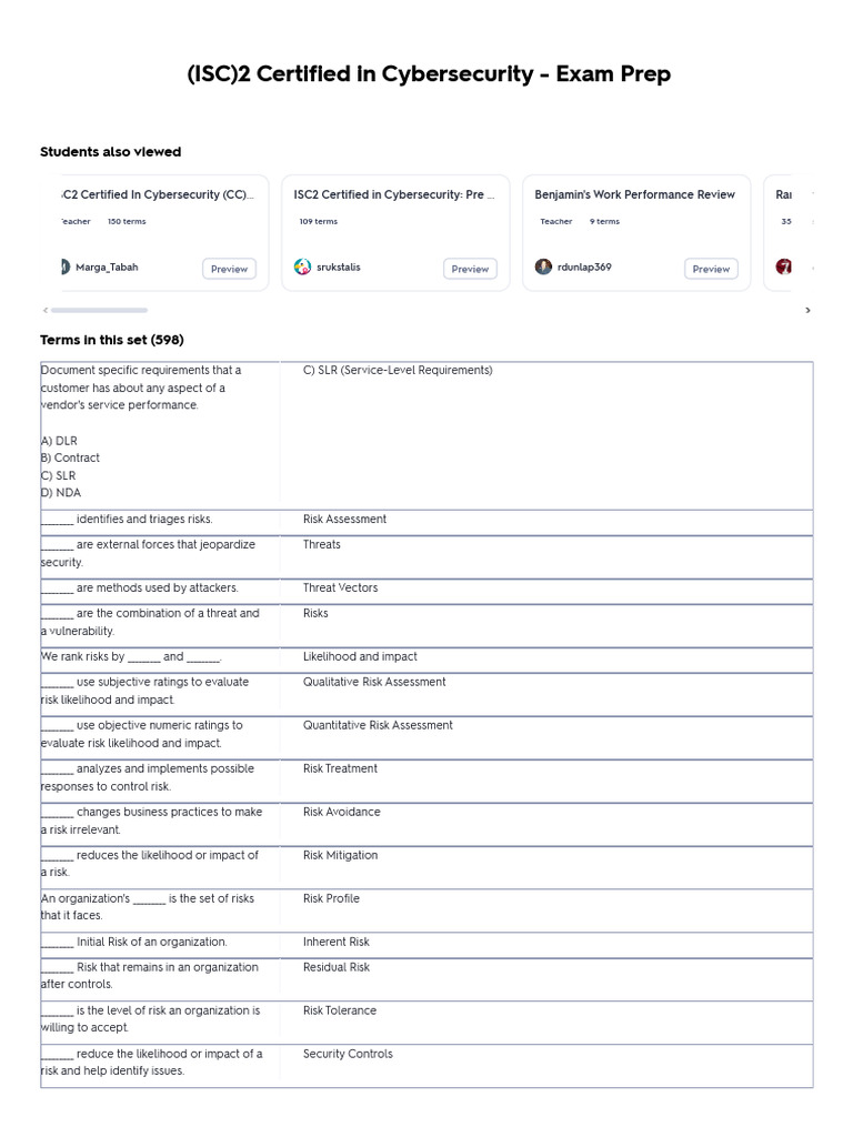 (ISC) 2 Certified in Cybersecurity - Exam Prep Flashcards - Quizlet | PDF | Backup | Risk
