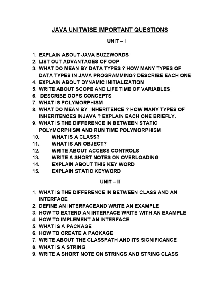 Java Unitwise Important Questions | PDF | Class (Computer Programming) | Inheritance (Object ...