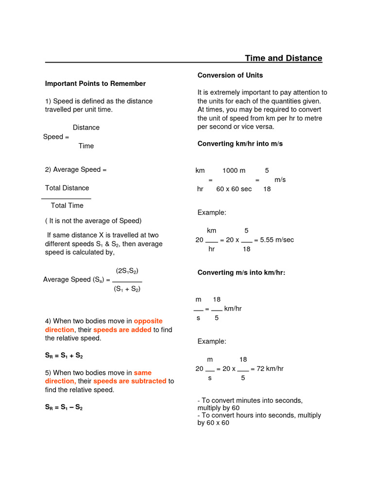 Time And Distance Calculations Guide Pdf Speed Motion Physics