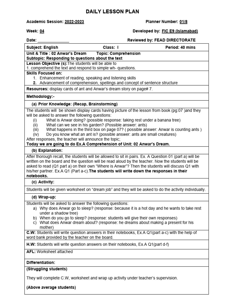 GRADE 1 English Lesson Plan | PDF | Reading Comprehension | Human ...