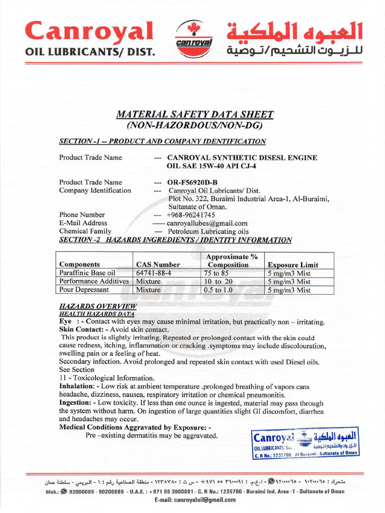 Msd-Canroyal Synthetic Diesel Engine Oil Sae15w-40 API Cj-4 | PDF