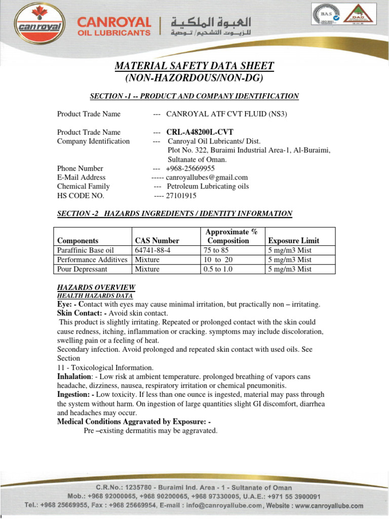 Msds-Canroyal Atf CVT Fluid (NS3) | Download Free PDF | Fires | Combustion