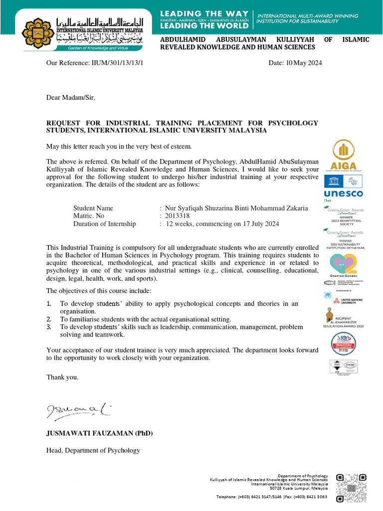 Request for Industrial Training Placement Letter (2013318) | Download Free PDF | Psychology ...