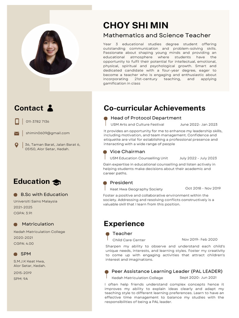 Choy Shi Min Resume | PDF | Teachers | Learning