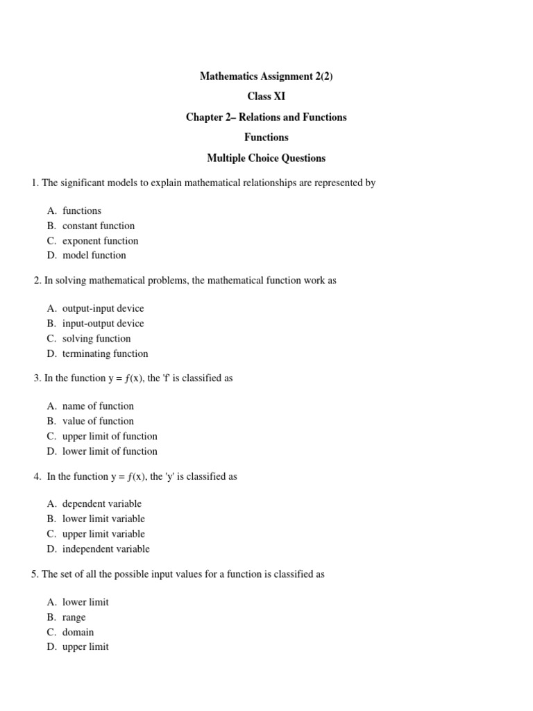 Assignment 2b Xi Chapter2 Functions Pdf Function Mathematics Dependent And Independent
