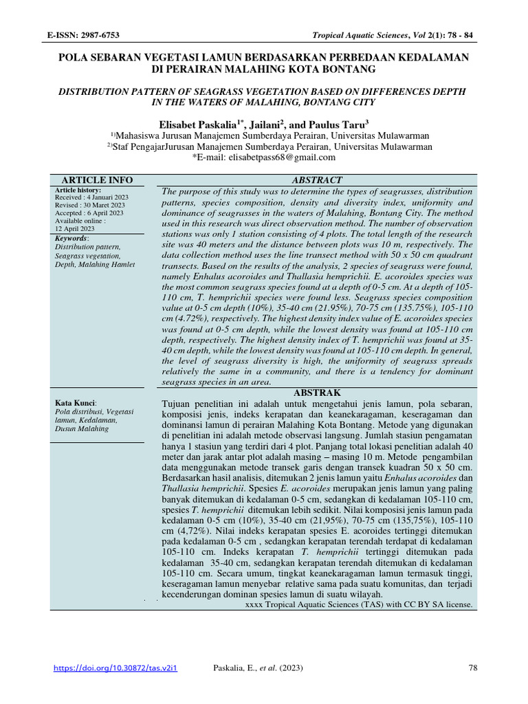 Pola Sebaran Vegetasi Lamun Berdasarkan Perbedaan Kedalaman Di Perairan ...