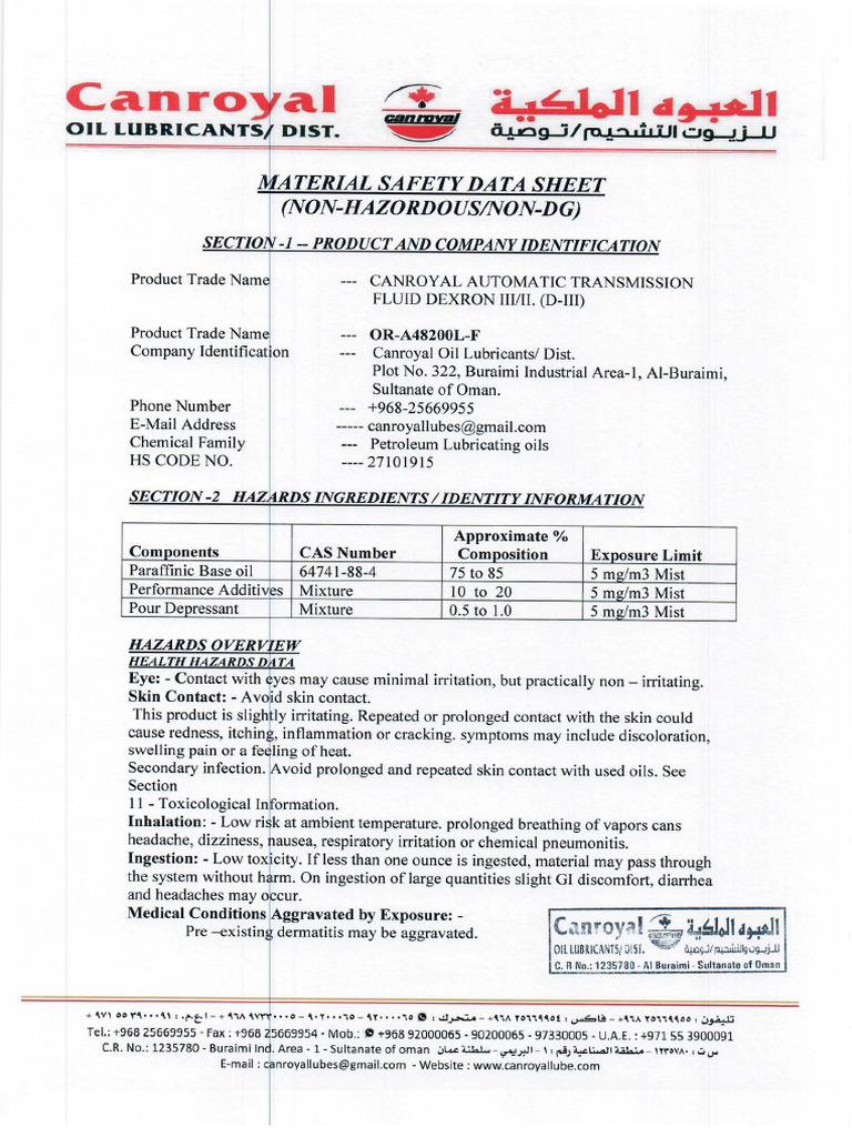 Msds-Canroyal Automatic Transmission Fluid Dexron D-III, D-II. | PDF