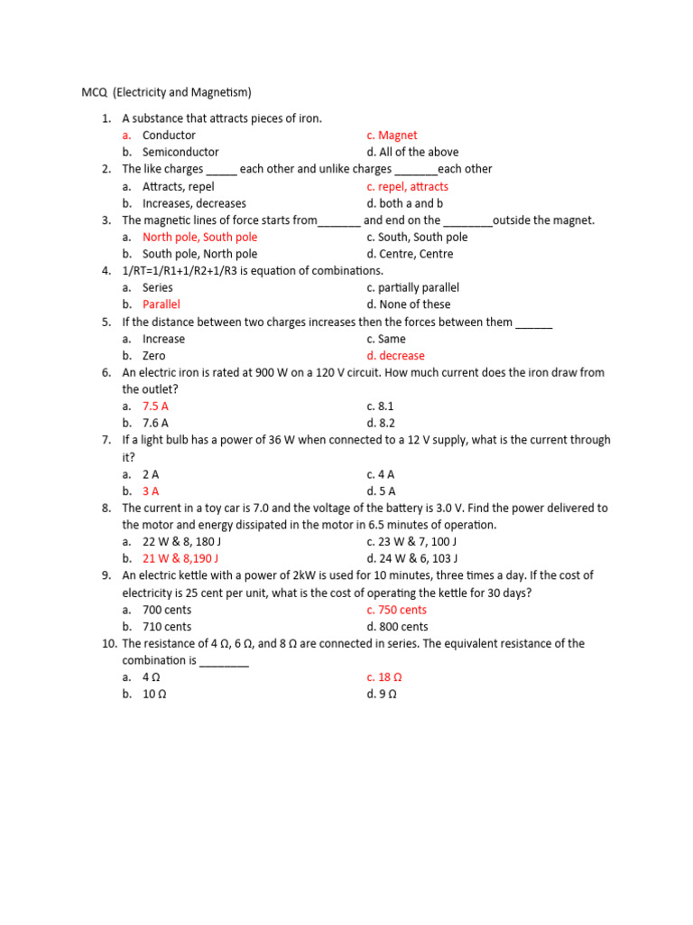Electricity and Magnetism MCQs | PDF | Series And Parallel Circuits ...