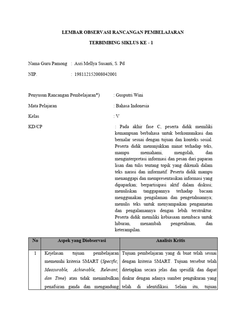 Lembar Observasi Rancangan Pembelajaran 1 | PDF