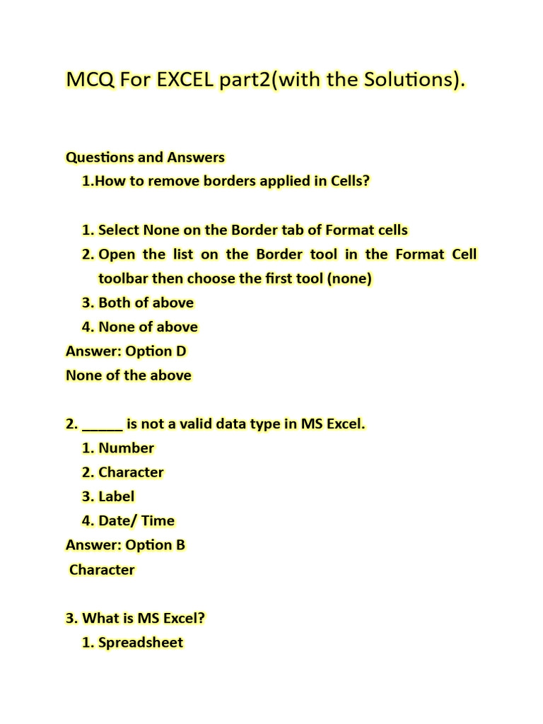 MCQ For EXCEL Part2 | Download Free PDF | Microsoft Excel | Spreadsheet