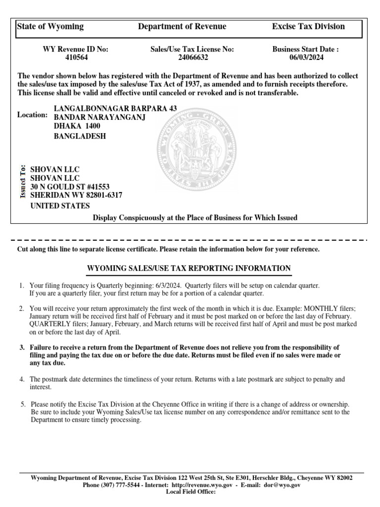 Shovan LLC License Certificate 24066632 | PDF | Taxes | Use Tax
