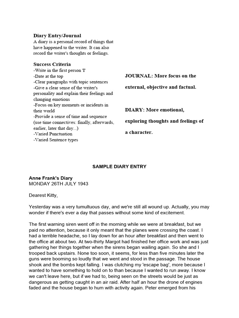 Diary Entry Success Criteria And Sample PDF Diary