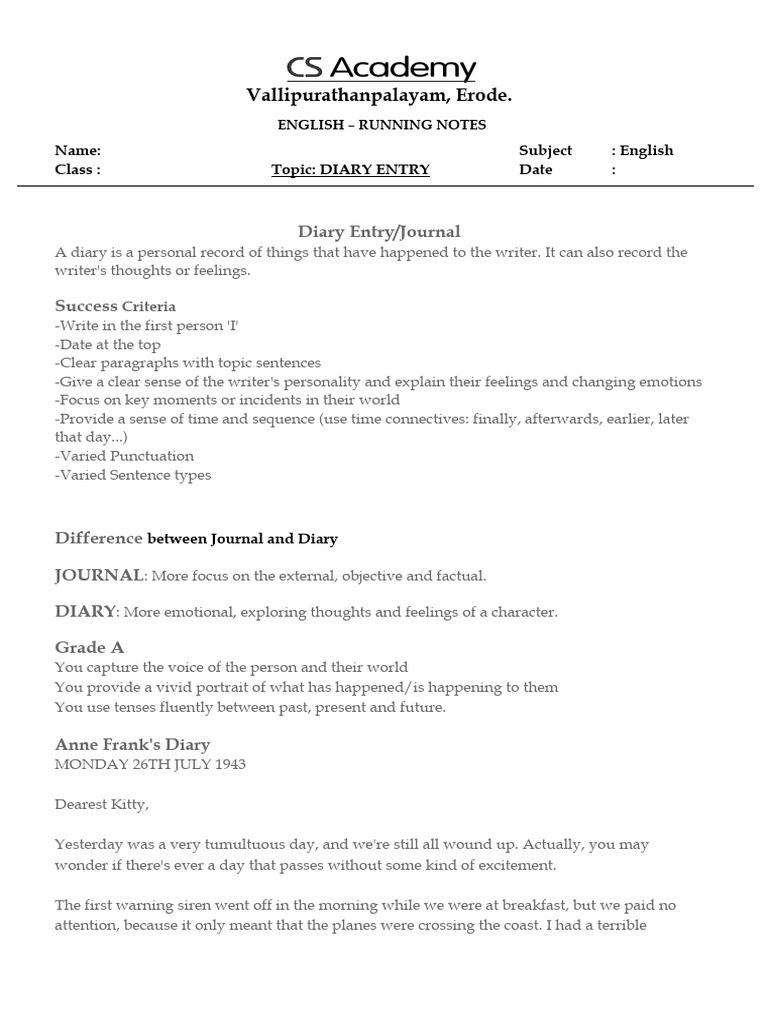 Diary Entry Key Points | Download Free PDF | Diary