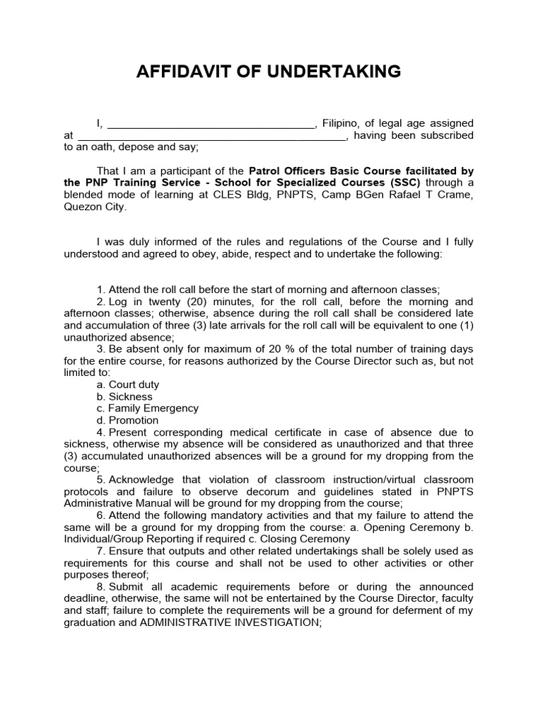 Affidavit of Undertaking for PNP Course | PDF | Justice | Crime & Violence