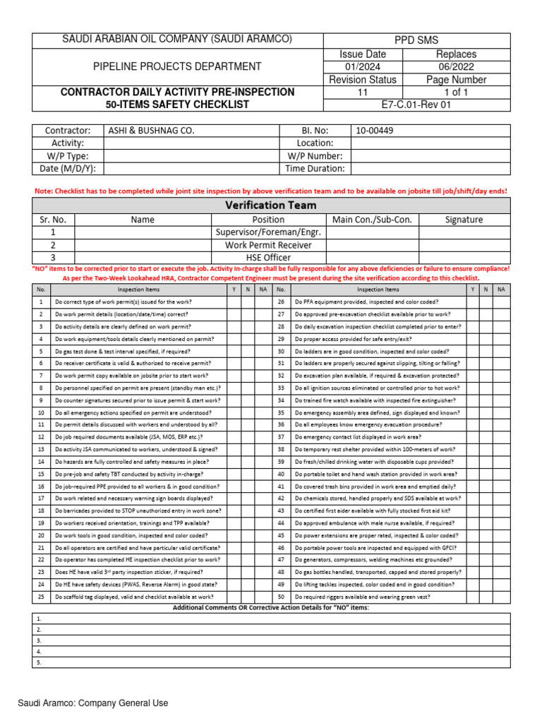 Contractor Daily Activity Pre-Inspection 50-Items Safety Checklist ...