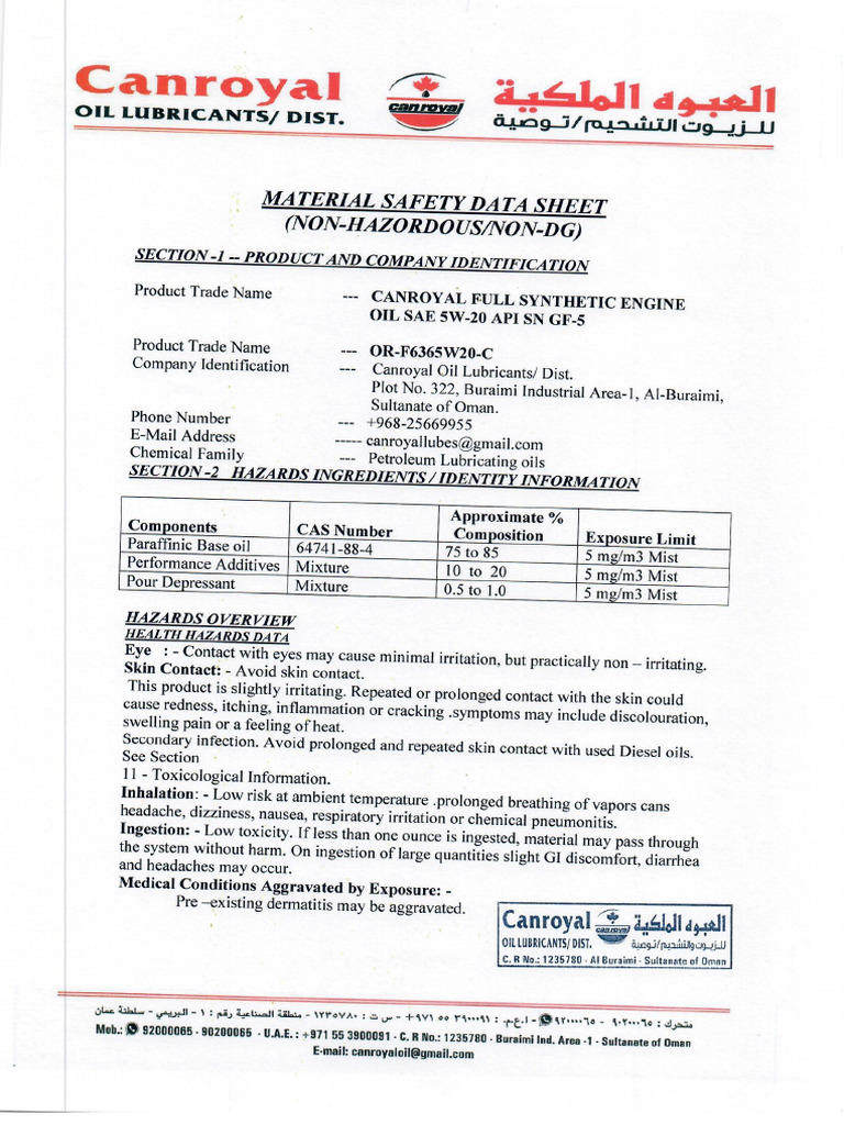 Msds-Canroyal Full Synthetic Engine Oil Sae 5w-20 API SN Gf-5 | PDF