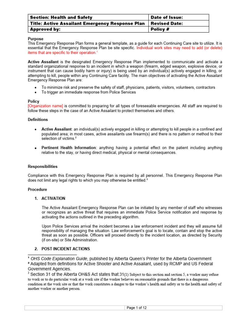 Emergency Plan for Care Facilities | PDF | Emergency | Assault