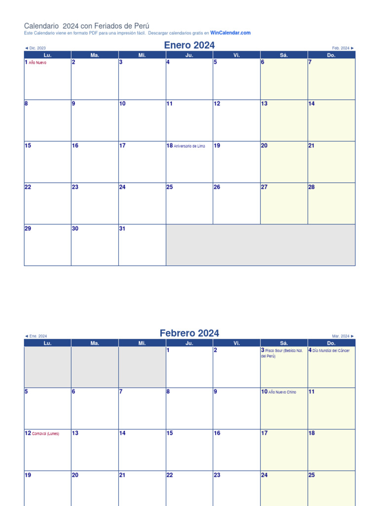 CALENDARIO CON FERIADOS | PDF | Perú | Observancias