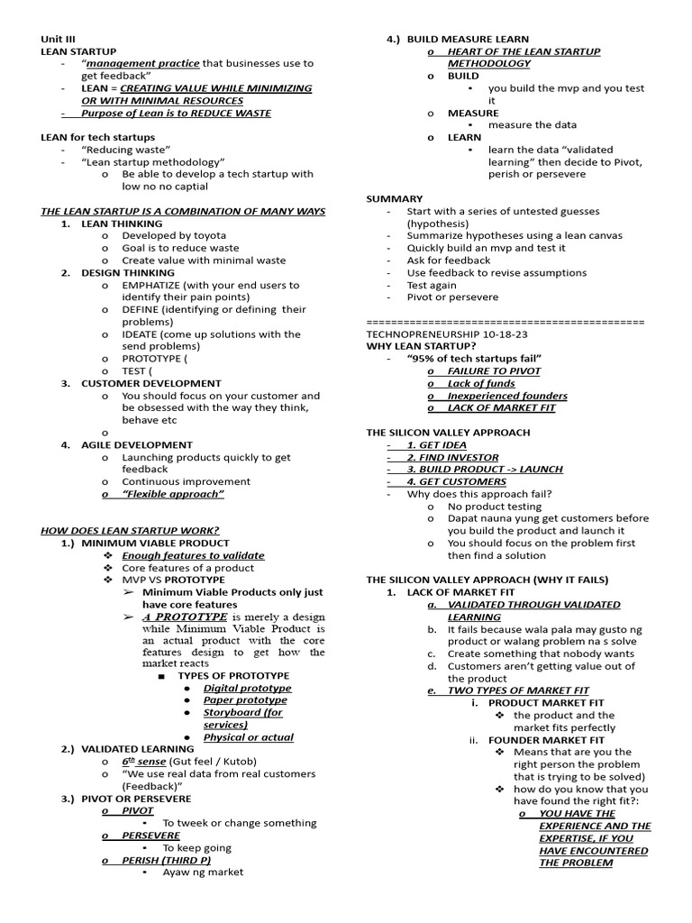 Technopreneurship Finals Notes | PDF | Lean Startup | Startup Company