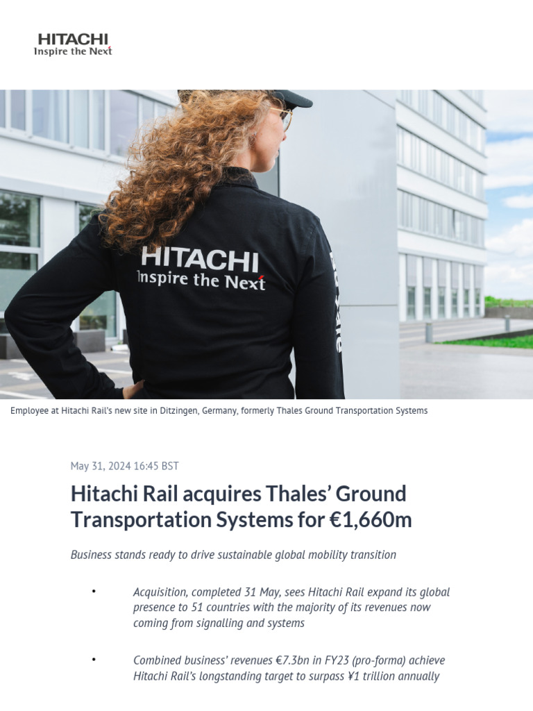 Hitachi Rail Acquires Thales' Ground Transportation Systems For 1,660m ...