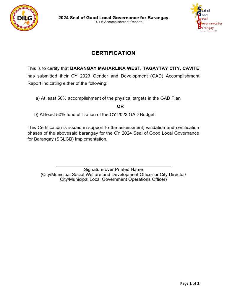 4.1.6. Certification on the submitted CY 2023 GAD Accomplishment Report ...
