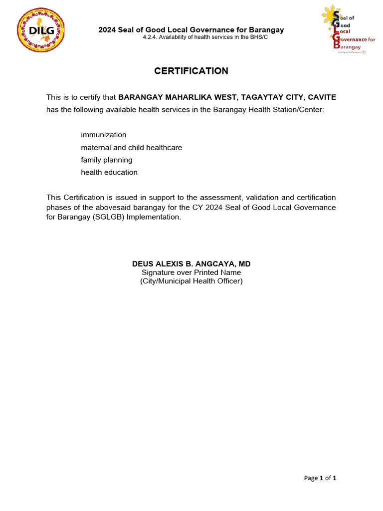 4.2.4. Certification On The Provision of Health Services | PDF