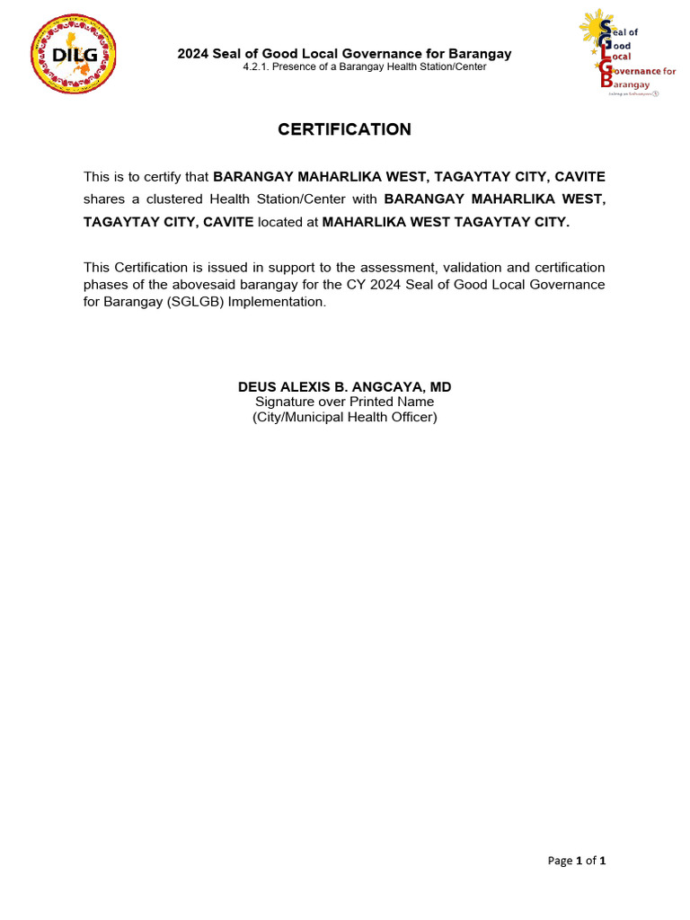 4.2.1 Certification From CMHO On The Clustering of Health Centers | PDF