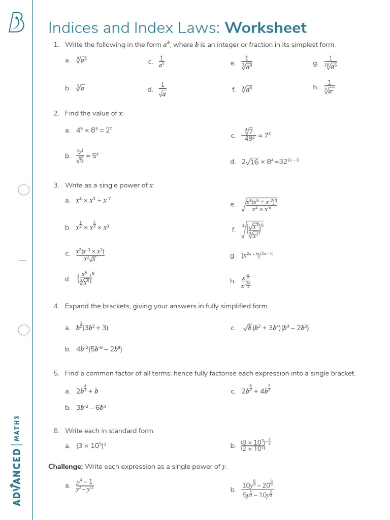 Worksheet Questions - Indices and Index Laws | PDF | Mathematics ...
