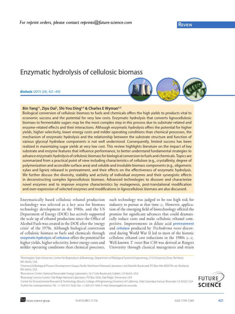 2011 Enzymatic hydrolysis of cellulosic biomass | PDF | Cellulose | Lignin