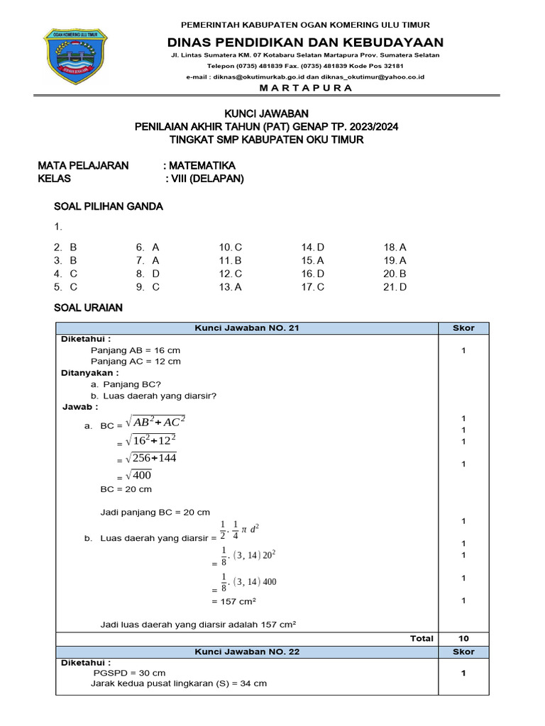 Kunci Matematika 8 PAT 2023-2024 | PDF