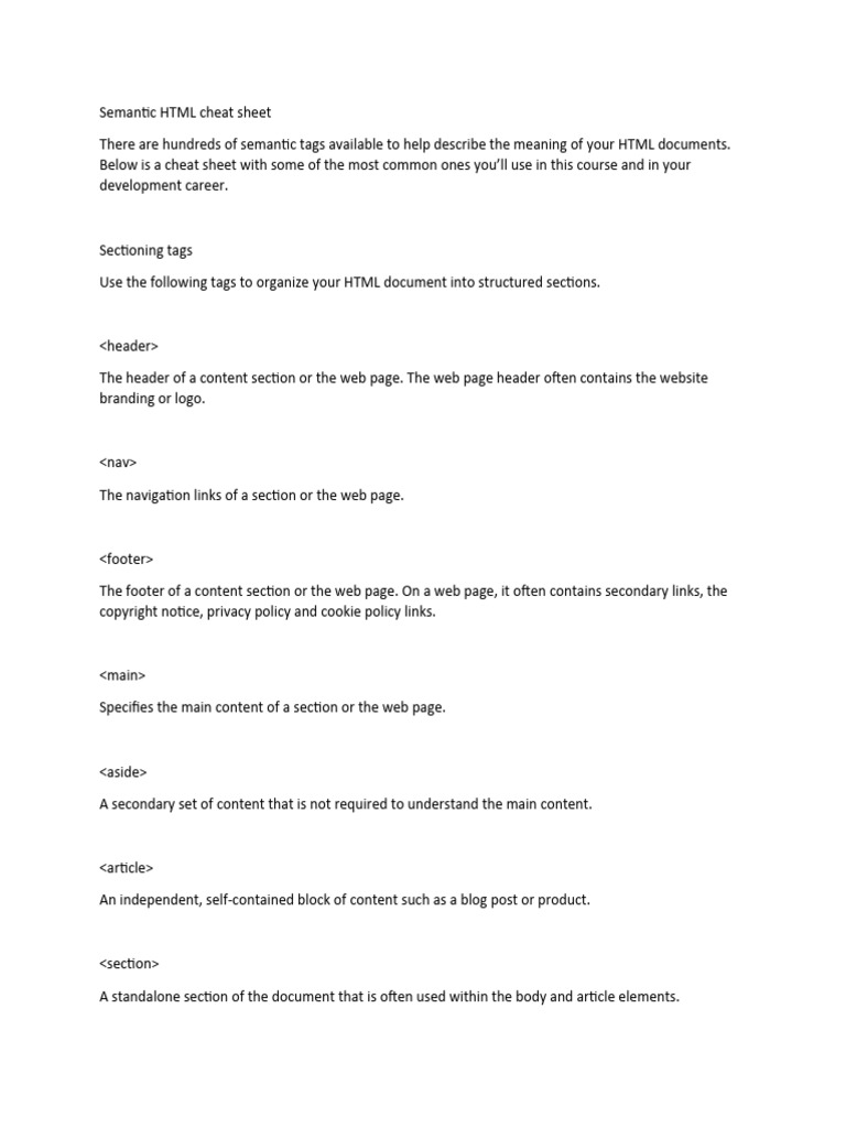 Semantic HTML Cheat Sheet | PDF | Html Element | Html