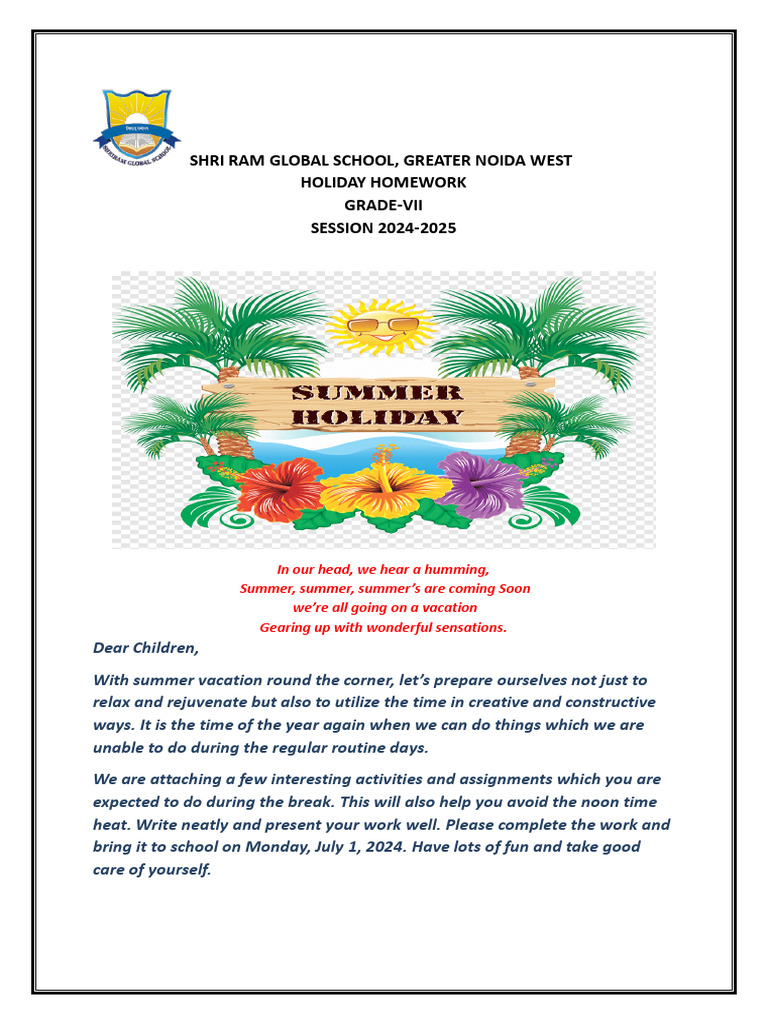 Holiday Homework Grade 7 SRGS | PDF | Mean