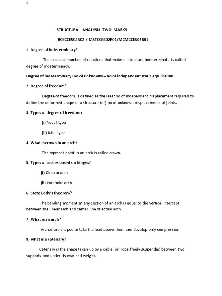 Structural Analysis Two Marks | PDF | Bending | Stiffness