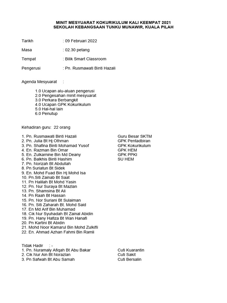 Minit Mesyuarat Kokurikulum Kali Keempat | PDF
