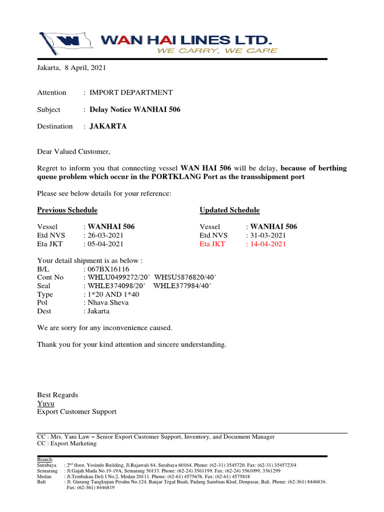 WANHAI 506 Delay Notice for Jakarta | PDF