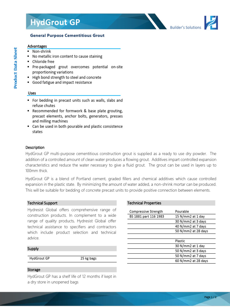 TDS HydGrout GP | PDF | Concrete | Cement