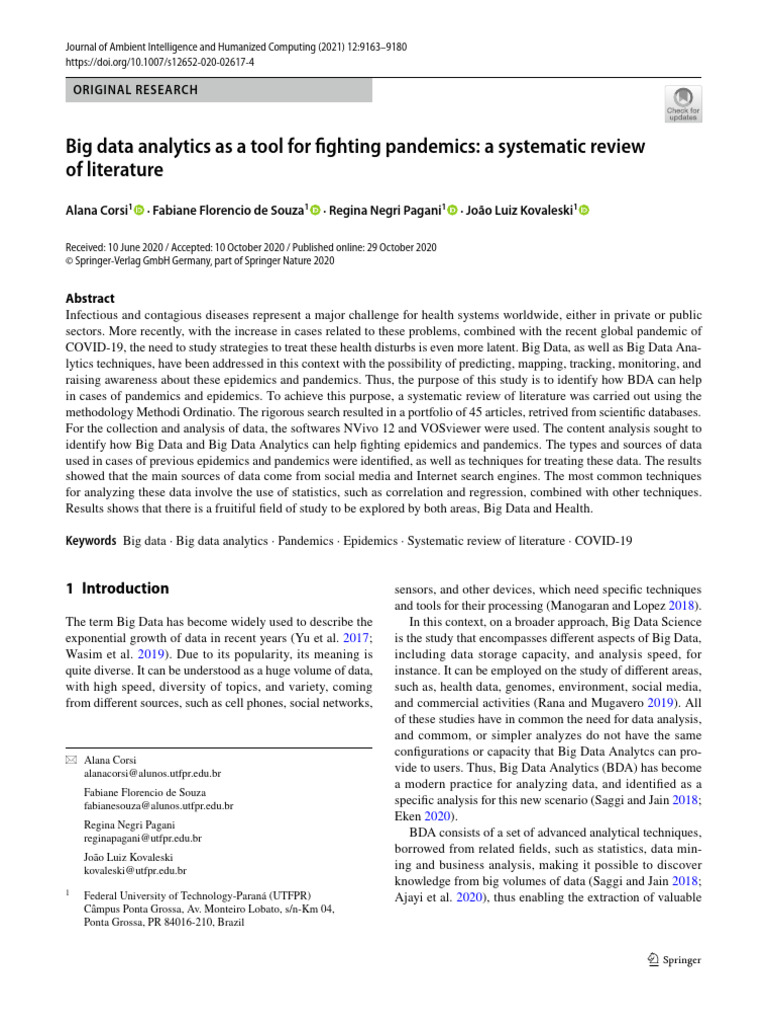 Big Data Analytics As A Tool For Fighting Pandemics: A Systematic Review of Literature | PDF ...