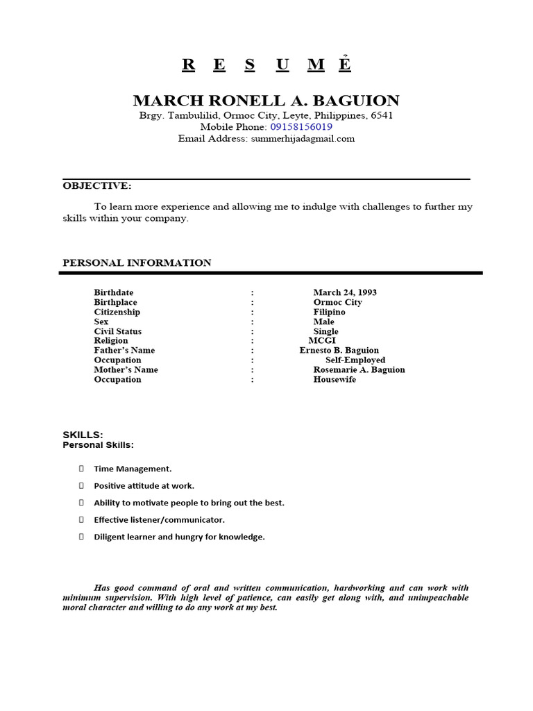 March Ronell Baguion Resume | PDF