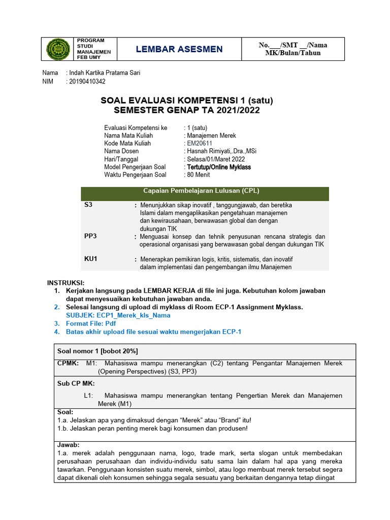 ECP1 Merek A IndahKartikaPratamaSari | PDF | Bisnis