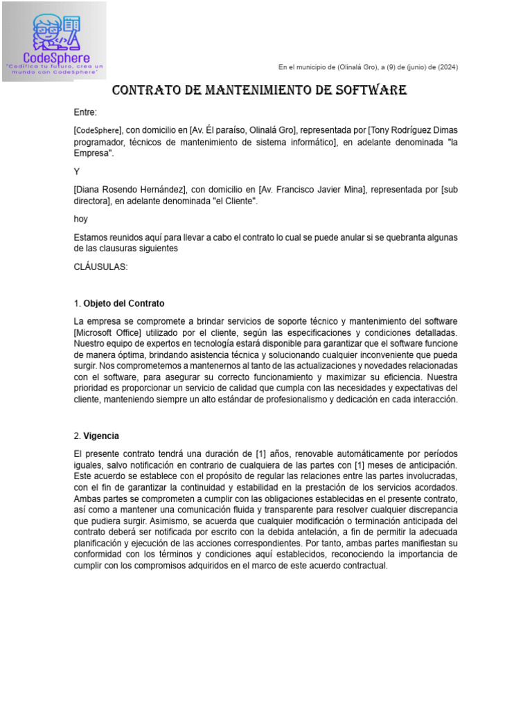 Contrato de Soporte de Software y Mantenimiento | Descargar gratis PDF ...