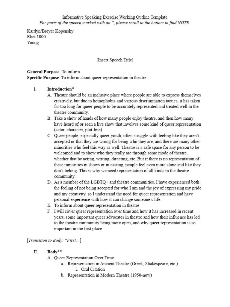 Informative Speaking Exercise Working Outline Template | PDF | Language Arts & Discipline ...