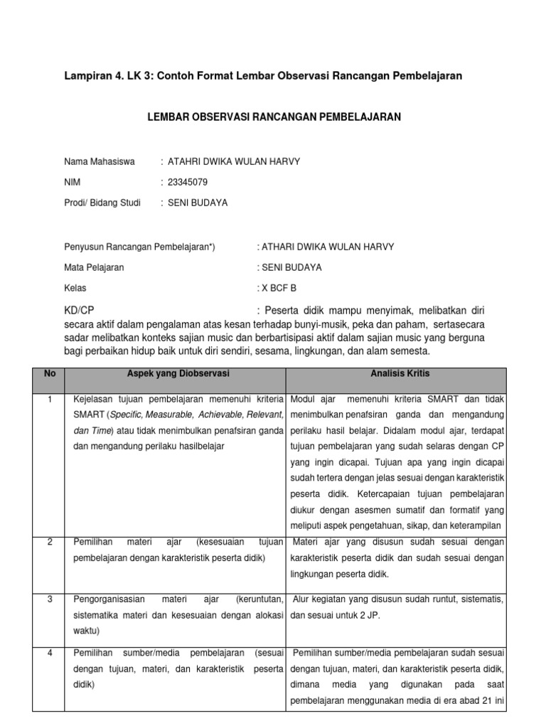 LK 3 Contoh Format Lembar Observasi Rancangan Pembelajaran | PDF ...